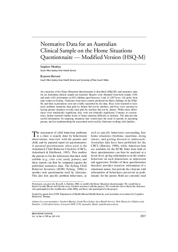 (PDF) Normative Data for an Australian Clinical Sample on the Home ...