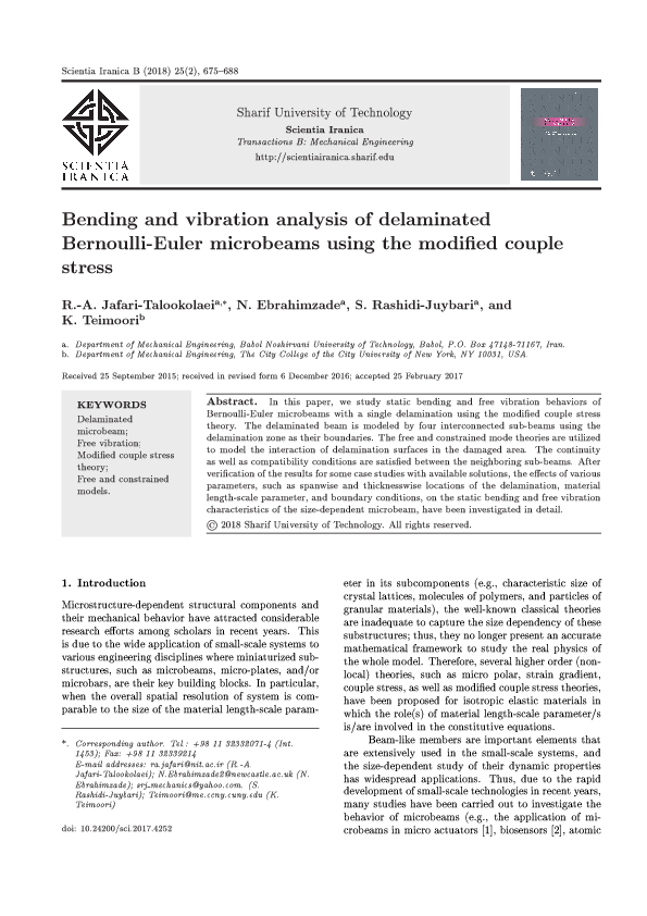 (PDF) Bending and vibration analysis of delaminated Bernoulli–Euler micro-beams using the ...
