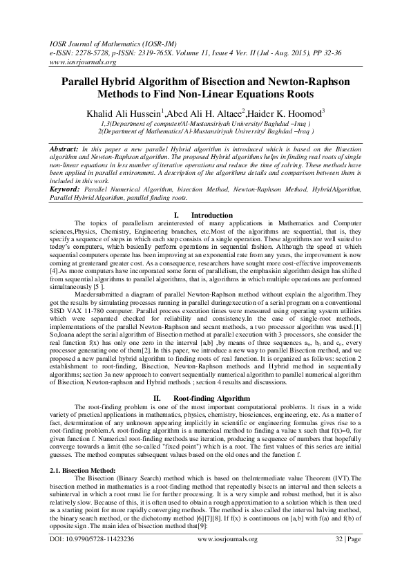 (PDF) Parallel Hybrid Algorithm of Bisection and Newton-Raphson Methods to Find Non-Linear ...