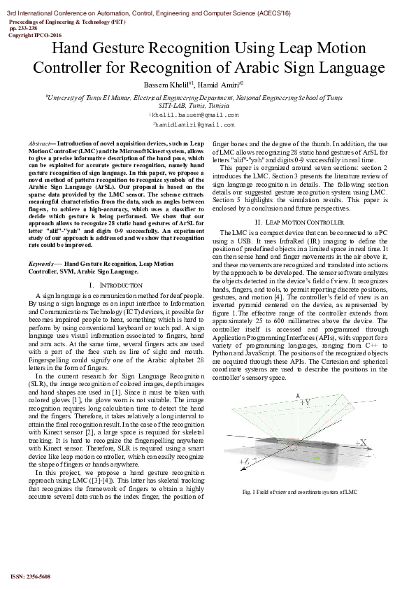 (PDF) Hand Gesture Recognition Using Leap Motion Controller for Recognition of Arabic Sign Language