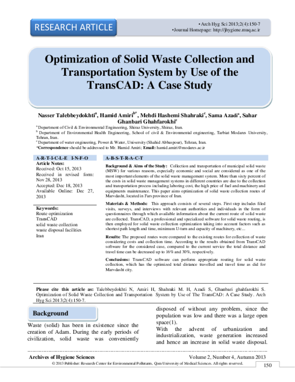 (PDF) Optimization of Solid Waste Collection and Transportation System by Use of the TransCAD: A ...