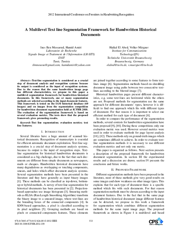 Pdf A Multilevel Text Line Segmentation Framework For Handwritten Historical Documents