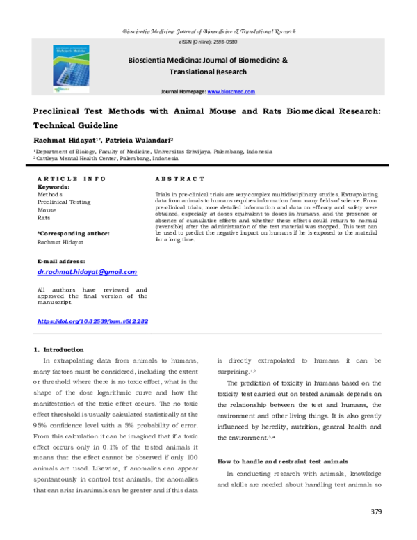 (PDF) Preclinical Test Methods with Animal Mouse and Rats Biomedical ...