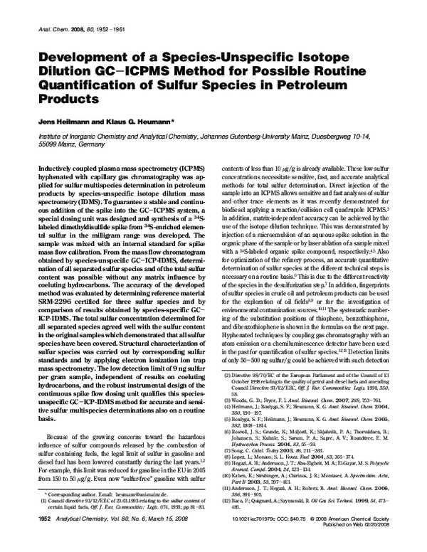 Pdf Development Of A Species Unspecific Isotope Dilution Gc−icpms Method For Possible Routine