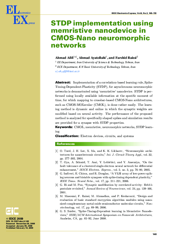 Pdf Stdp Implementation Using Memristive Nanodevice In Cmos Nano Neuromorphic Networks