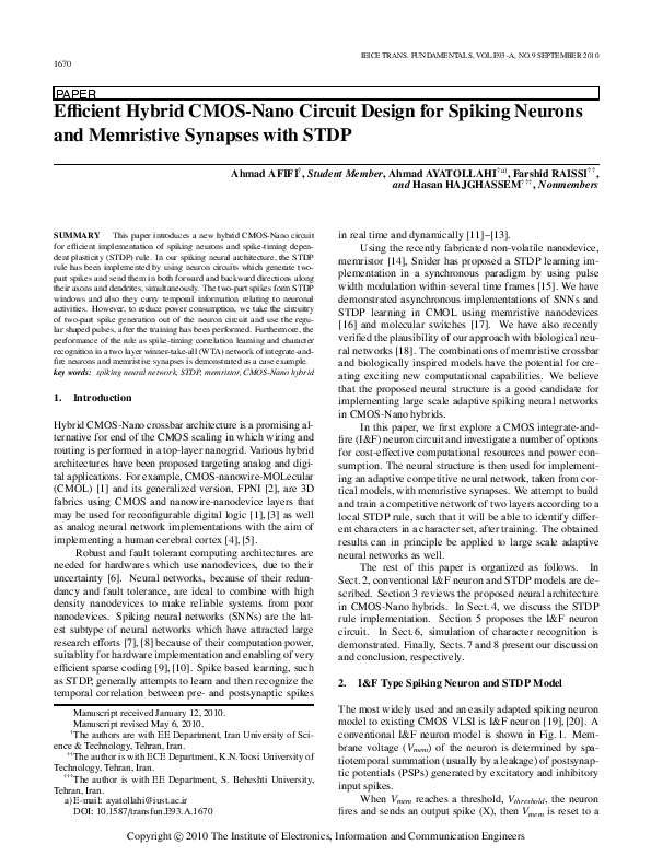 Pdf Efficient Hybrid Cmos Nano Circuit Design For Spiking Neurons And Memristive Synapses With