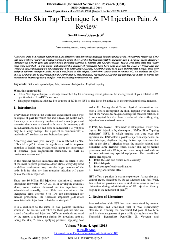 (PDF) Helfer Skin Tap Technique For The Im Injection Pain Among Adult ...