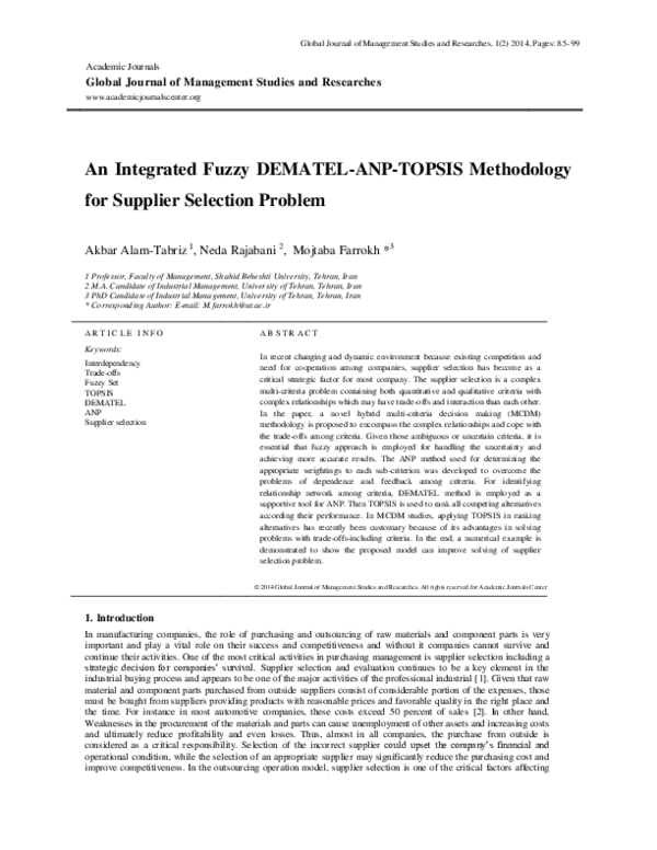 Pdf An Integrated Fuzzy Dematel Anp Topsis Methodology For Supplier