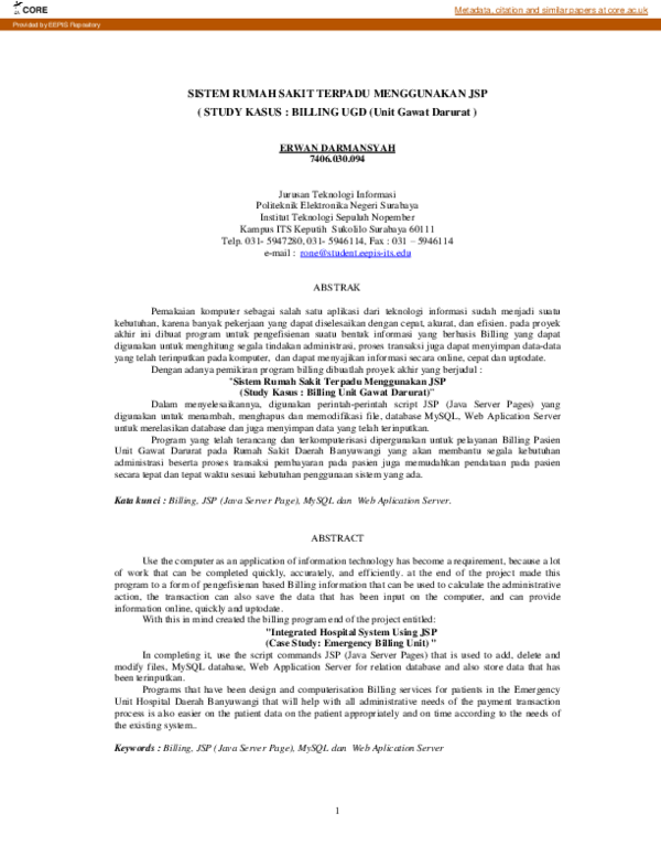 (PDF) Sistem Rumah Saki Terpadu Menggunakan JSP (Study Kasus: Billing Pasien Unit Gawat Darurat)