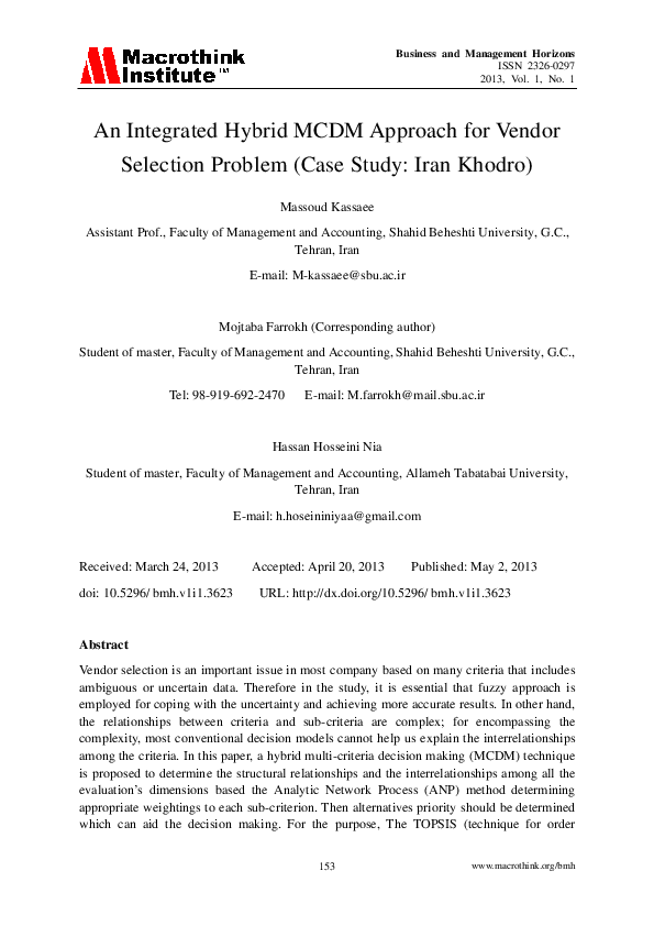 (PDF) An Integrated Hybrid MCDM Approach for Vendor Selection Problem (Case Study: Iran Khodro)