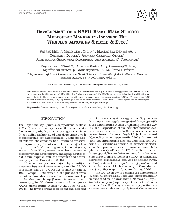 (PDF) Development of a RAPD-Based Male-Specific Molecular Marker in ...