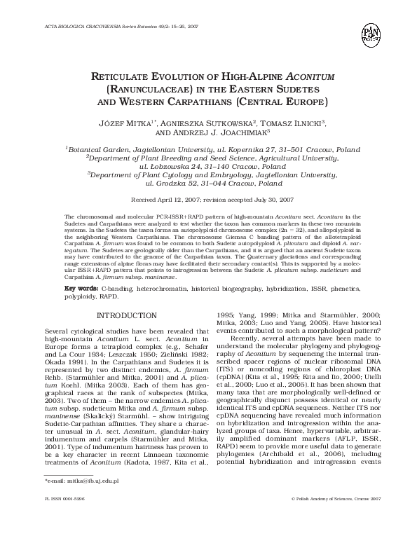 (PDF) Reticulate evolution of high-alpine Aconitum (Ranunculaceae) in ...