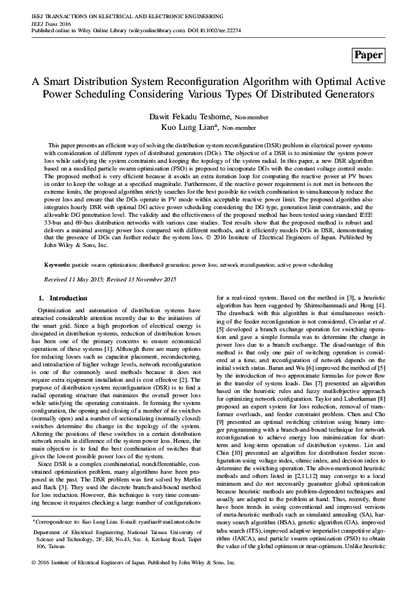 Pdf A Smart Distribution System Reconfiguration Algorithm With Optimal Active Power Scheduling
