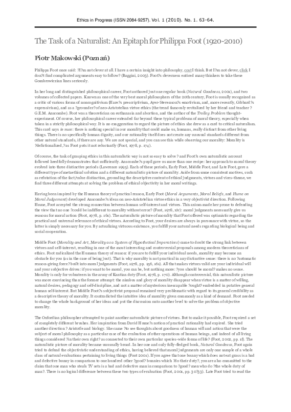(PDF) The Task of a Naturalist: An Epitaph for Philippa Foot (1920-2010)