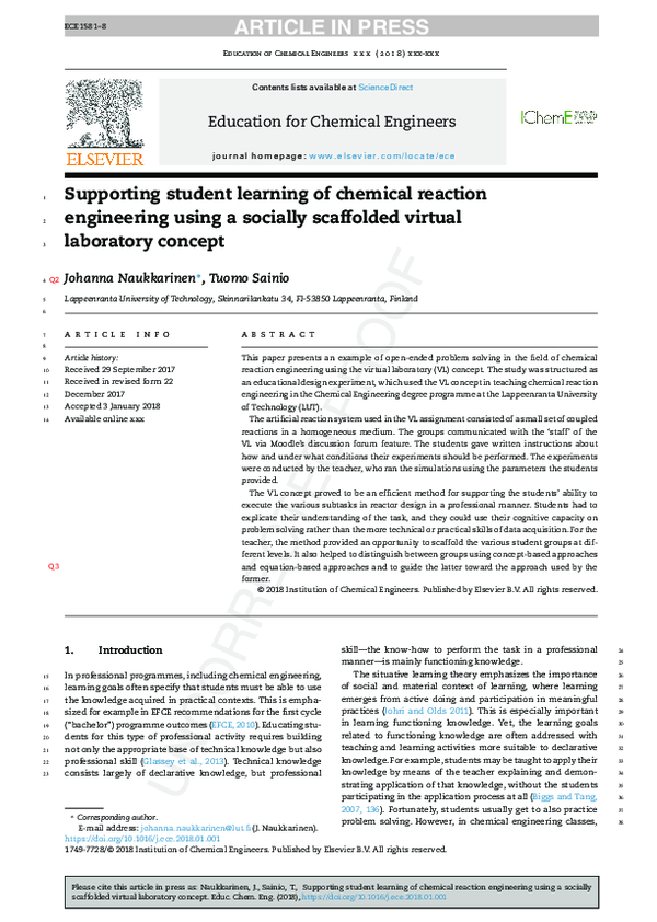 (PDF) Supporting student learning of chemical reaction engineering ...