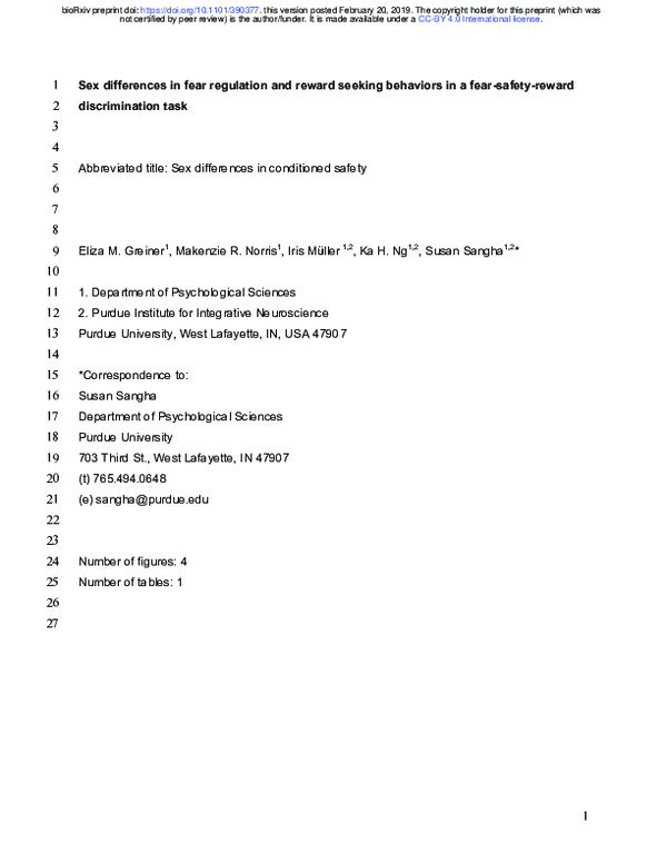 Pdf Sex Differences In Fear Regulation And Reward Seeking Behaviors In A Fear Safety Reward
