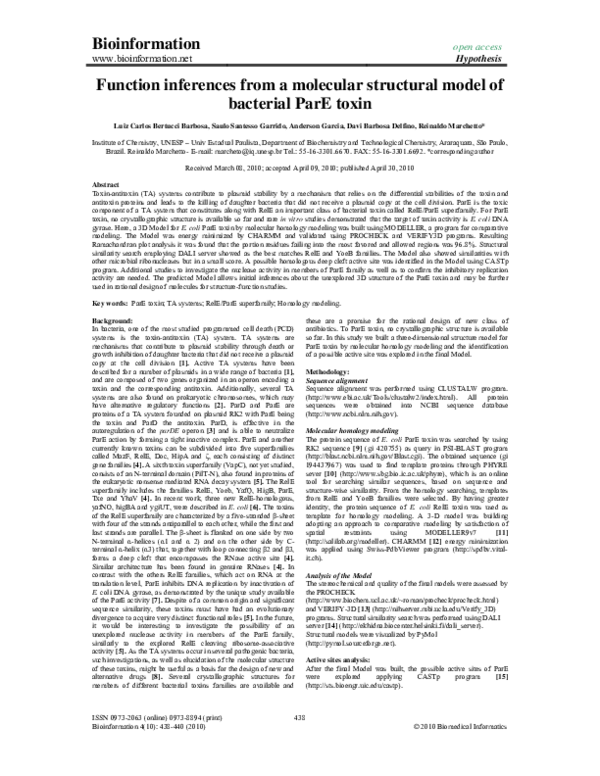 (PDF) Function inferences from a molecular structural model of bacterial ParE toxin