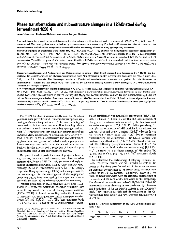 (PDF) Phase transformations and microstructure changes in a 12%Cr-steel during tempering at 1053 K