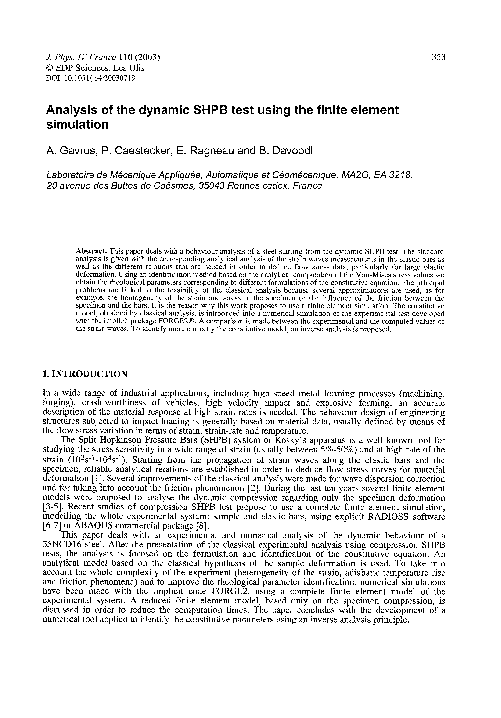 Pdf Analysis Of The Dynamic Shpb Test Using The Finite Element Simulation Pascal Caestecker