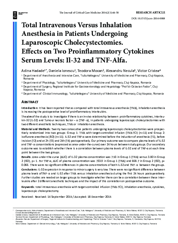 (PDF) Total Intravenous Versus Inhalation Anesthesia in Patients ...