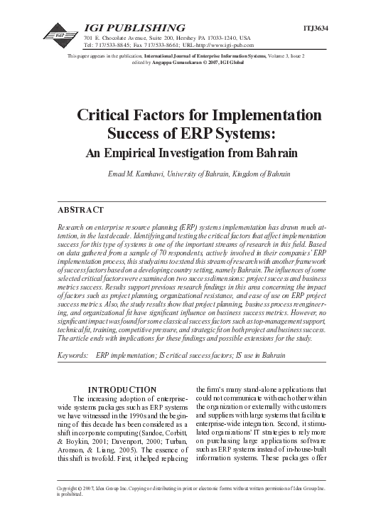 (PDF) Critical Factors for Implementation Success of ERP Systems
