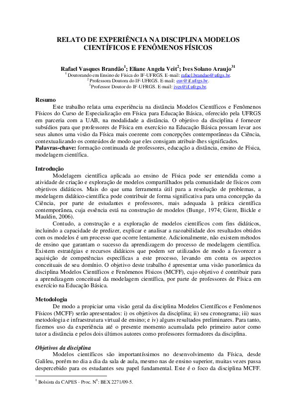 (PDF) Relato de Experiência na Disciplina Modelos Científicos E ...