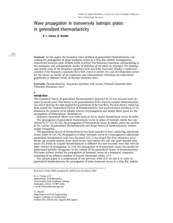 Pdf Wave Propagation In Transversely Isotropic Plates In Generalized Thermoelasticity