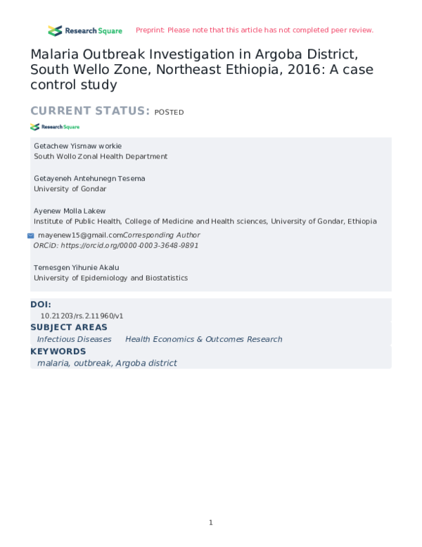 (PDF) Malaria Outbreak Investigation in Argoba District, South Wello ...