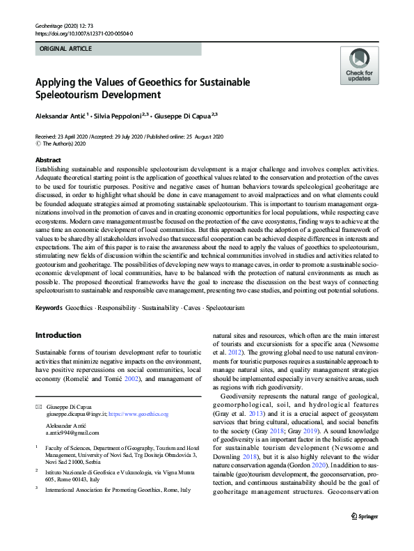 (PDF) Applying the Values of Geoethics for Sustainable Speleotourism ...