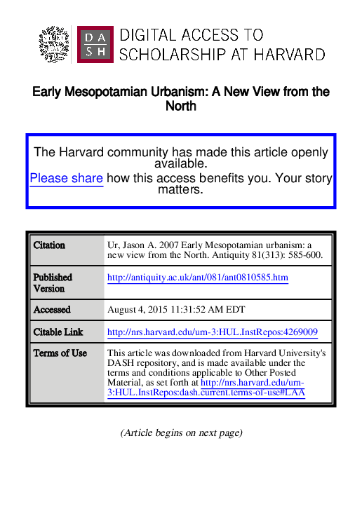 (PDF) Early Mesopotamian urbanism: a new view from the north