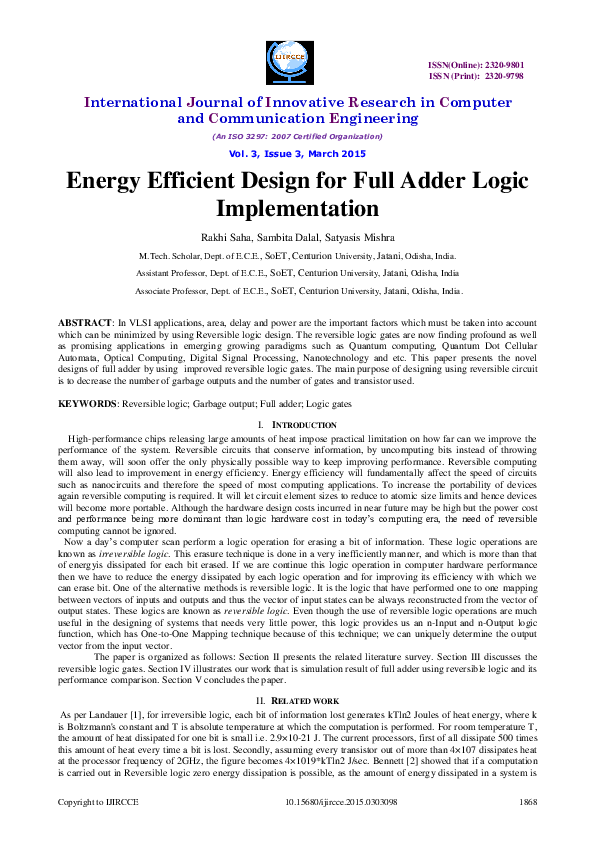 (PDF) Energy Efficient Design for Full Adder LogicImplementation