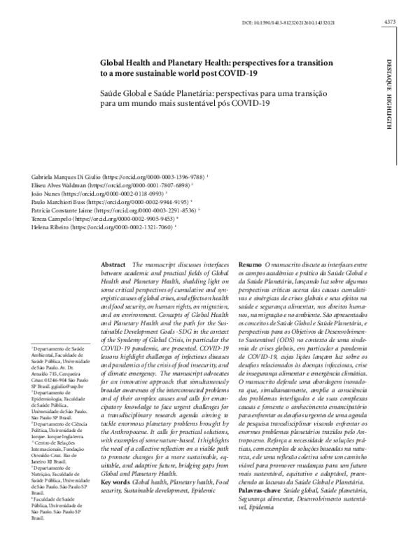 (PDF) Global Health and Planetary Health: perspectives for a transition ...