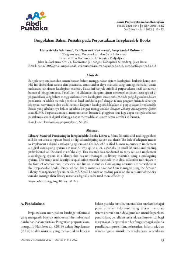 (PDF) Pengolahan Bahan Pustaka pada Perpustakaan Irreplaceable Books