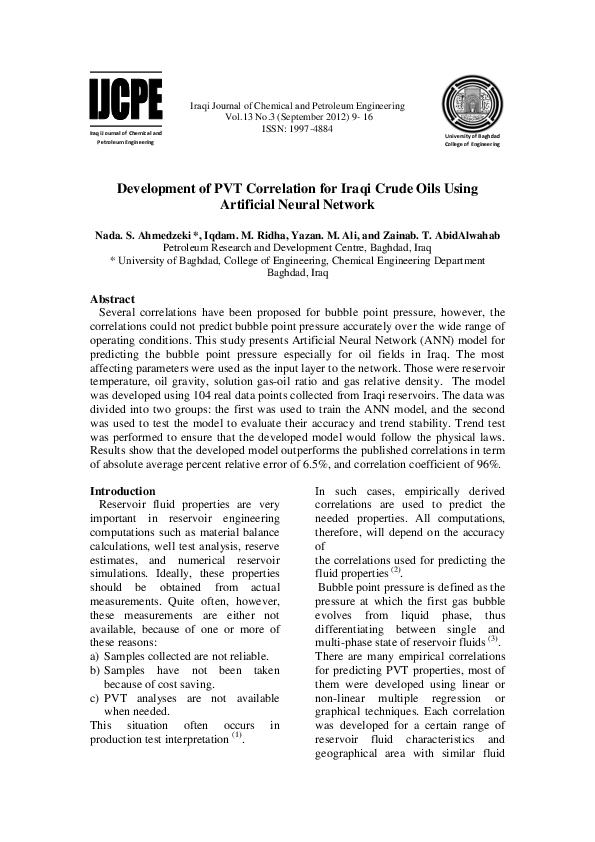 (PDF) Development of PVT Correlation for Iraqi Crude Oils Using Artificial Neural Network | Nada ...