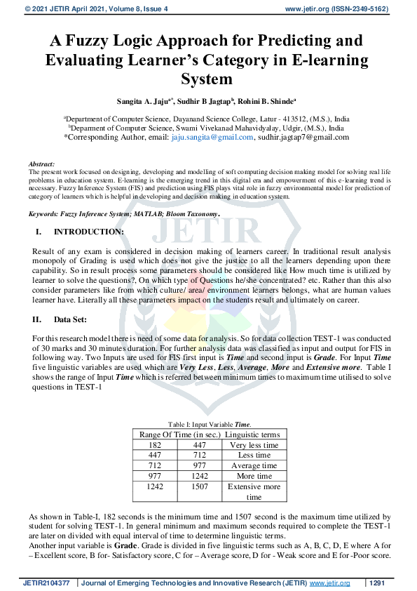 (PDF) A Fuzzy Logic Approach for Predicting and Evaluating Learner’s Category in E-learning System