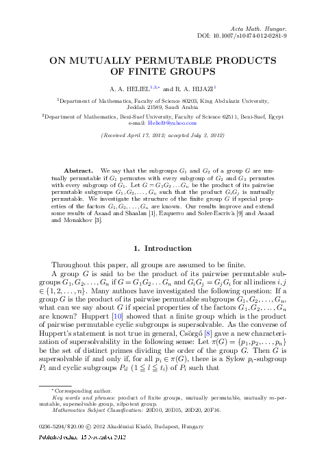 Pdf On Mutually Permutable Products Of Finite Groups