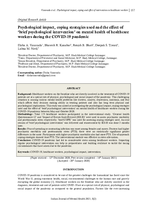 (PDF) Original Research Article_Psychological impact, coping strategies used and the effect of ...