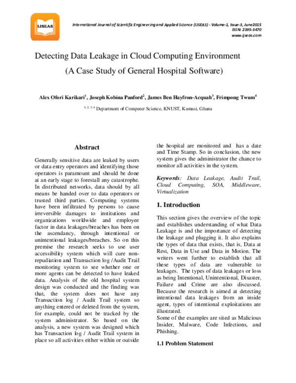 (PDF) Detecting Data Leakage in Cloud Computing Environment (A Case Study of General Hospital ...