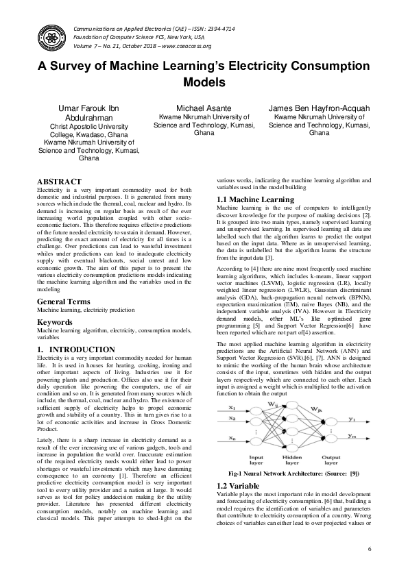 (PDF) A Survey of Machine Learning’s Electricity Consumption Models