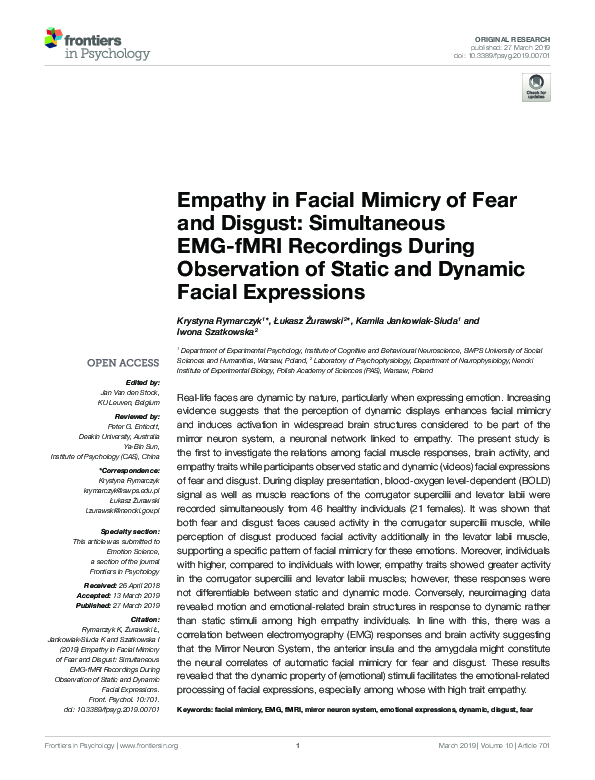 (PDF) Empathy in Facial Mimicry of Fear and Disgust: Simultaneous EMG-fMRI Recordings During ...