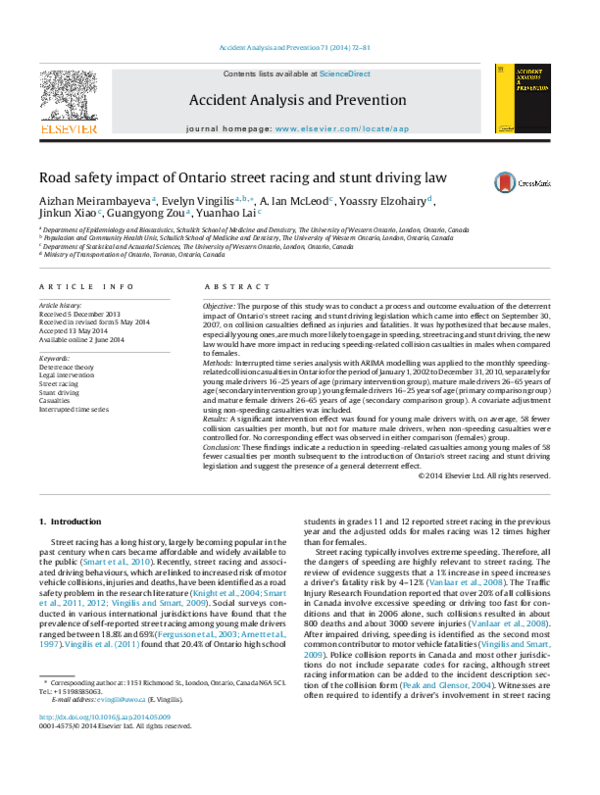 (PDF) Road safety impact of Ontario street racing and stunt driving law
