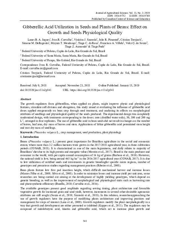 (PDF) Gibberellic Acid Utilization in Seeds and Plants of Beans: Effect ...