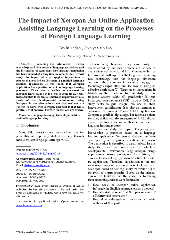 (PDF) The Impact of Xeropan An Online Application Assisting Language Learning on the Processes ...