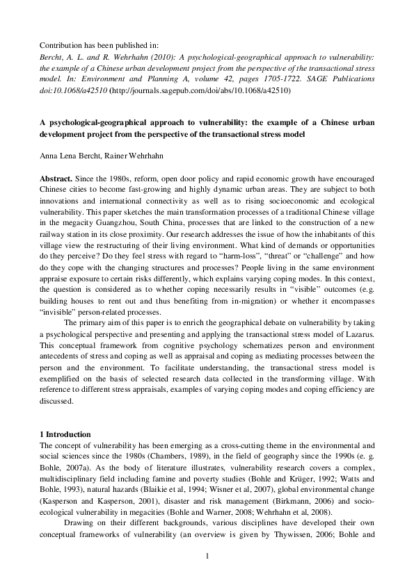 (PDF) A psychological – geographical approach to vulnerability: the ...