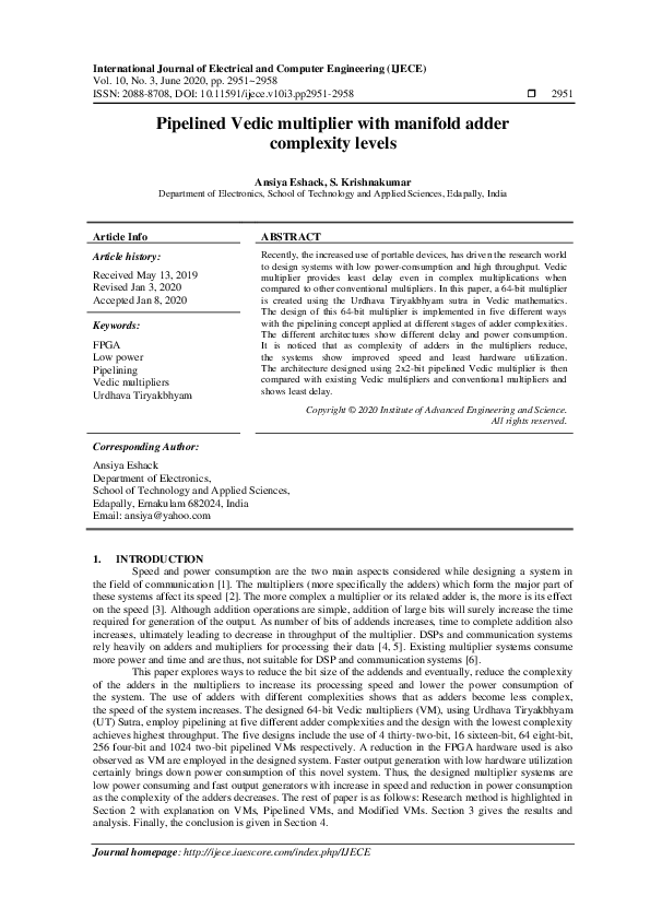 Pdf Pipelined Vedic Multiplier With Manifold Adder Complexity Levels Ansiya Eshack 