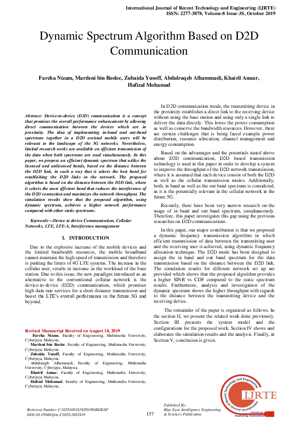 Pdf Dynamic Spectrum Algorithm Based On D2d Communication Zubaida Yusoff