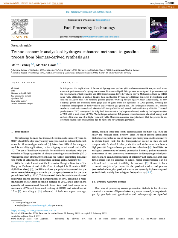 (PDF) Techno-economic analysis of hydrogen enhanced methanol to ...