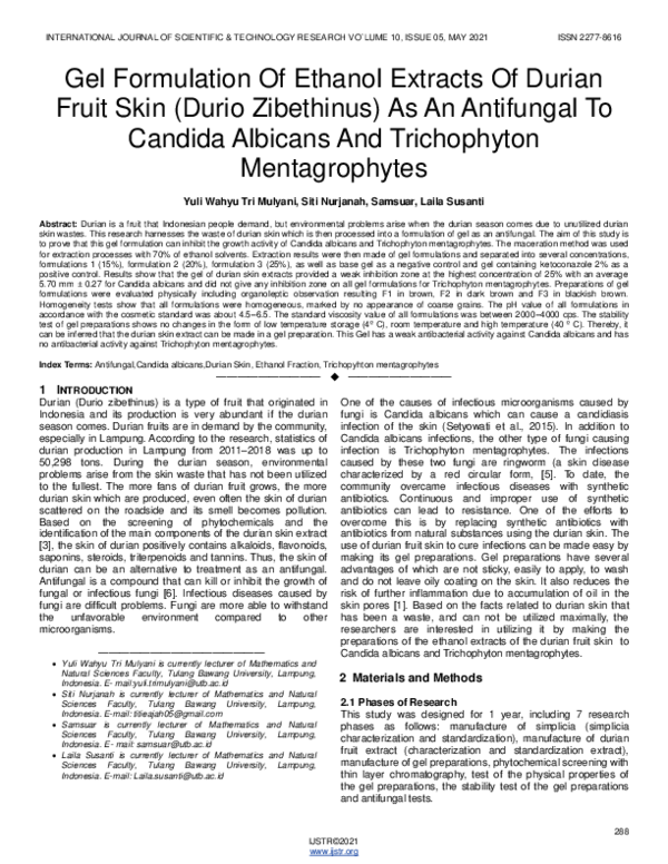 (PDF) Gel Formulation Of Ethanol Extracts Of Durian Fruit Skin (Durio Zibethinus) As An ...