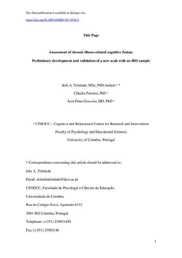 (PDF) Assessment of Chronic Illness-Related Cognitive Fusion: Preliminary Development and ...