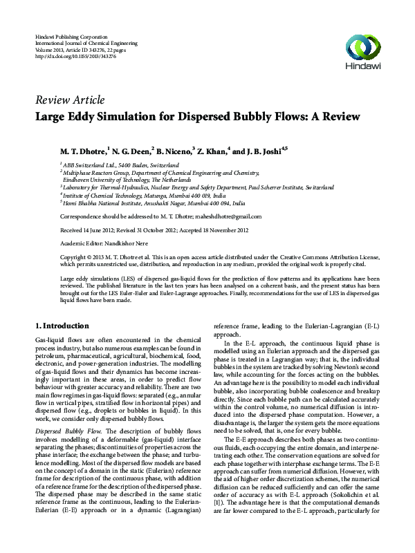 (PDF) Large Eddy Simulation for Dispersed Bubbly Flows: A Review